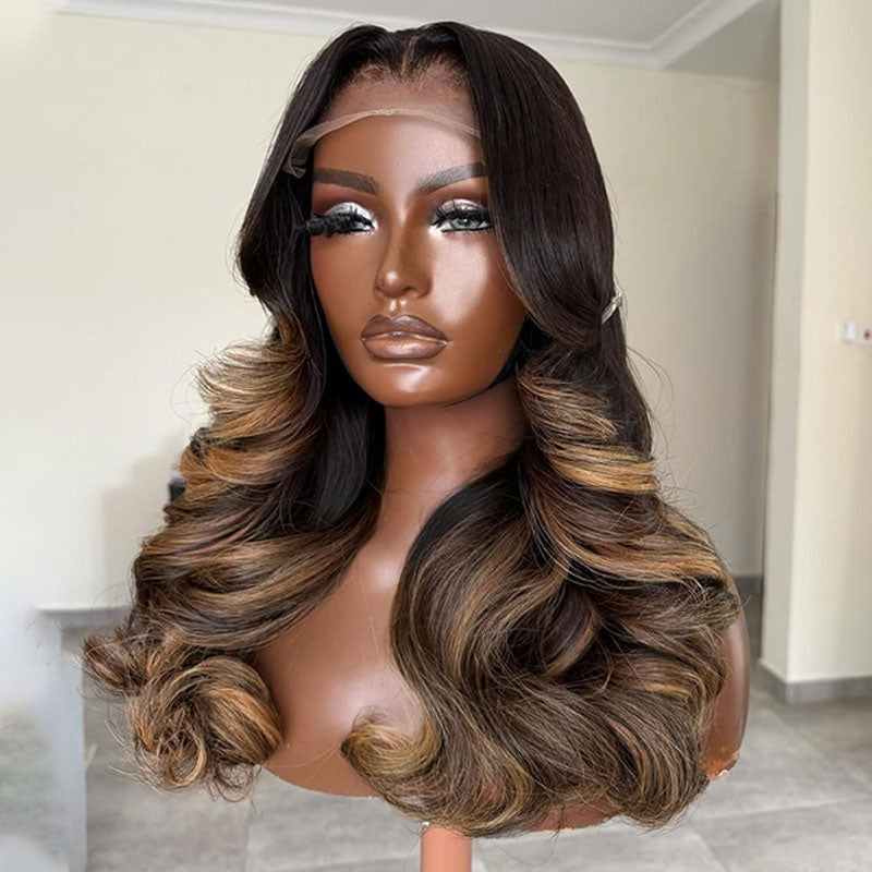 ZSF Ombre Black Highlight Body Wave Lace Wig Middle Part Natural Hair ...