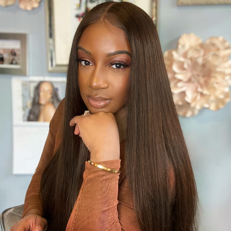 ZSF Chocolate 4# Medium Brown Straight Glueless HD Lace Wig Human Hair ...