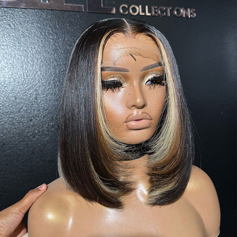 ZSF Blonde Stripe Highlight Black Wear Go Bob Straight Hair Pre Cut Sh ...