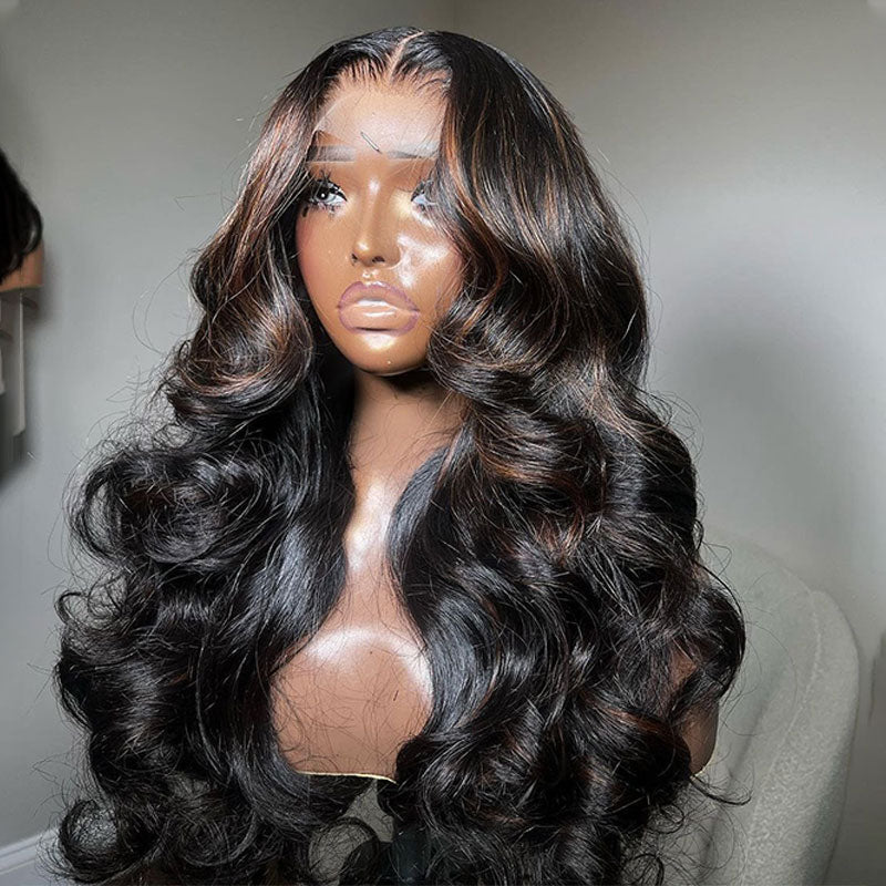 ZSF Brown Highlights F4# Bouncy Body Wave Lace Wig Black Brown Highlig ...